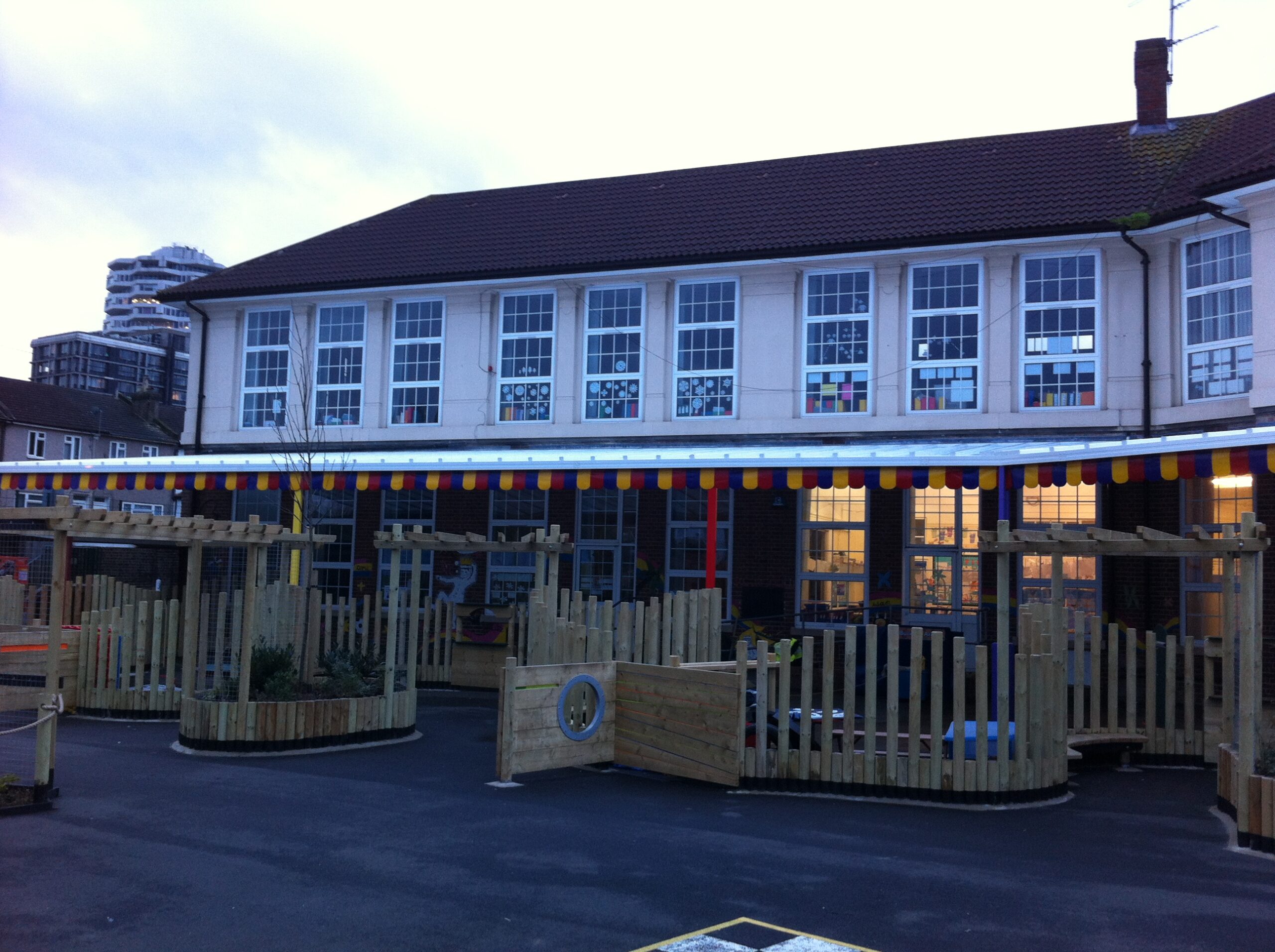 Ark Oval Primary Academy, Croydon - Wall Mounted Canopy - Able Canopies Ltd